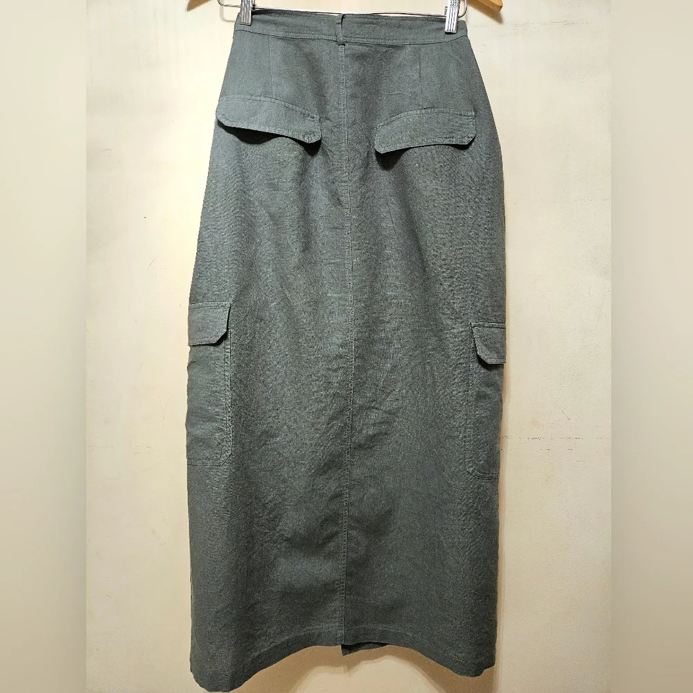 Zara | Skirts | Zara Linen Cotyon Blend Cargo Midi Skirt Khaki Olive ...